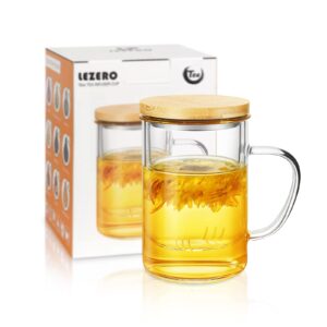 lezero glass tea infuser cups with removable strainer and bamboo lid, borosilicate glass tea mugs for blooming tea & loose leaf tea, microwave & dishwasher safe, lead-free, 15oz/450ml