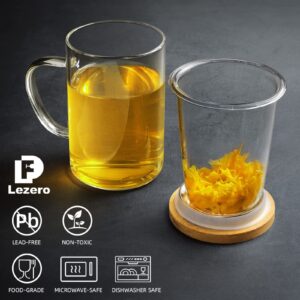 Lezero Glass Tea Infuser Cups with Removable Strainer and Bamboo Lid, Borosilicate Glass Tea Mugs for Blooming Tea & Loose Leaf Tea, Microwave & Dishwasher Safe, LEAD-FREE, 15oz/450ml