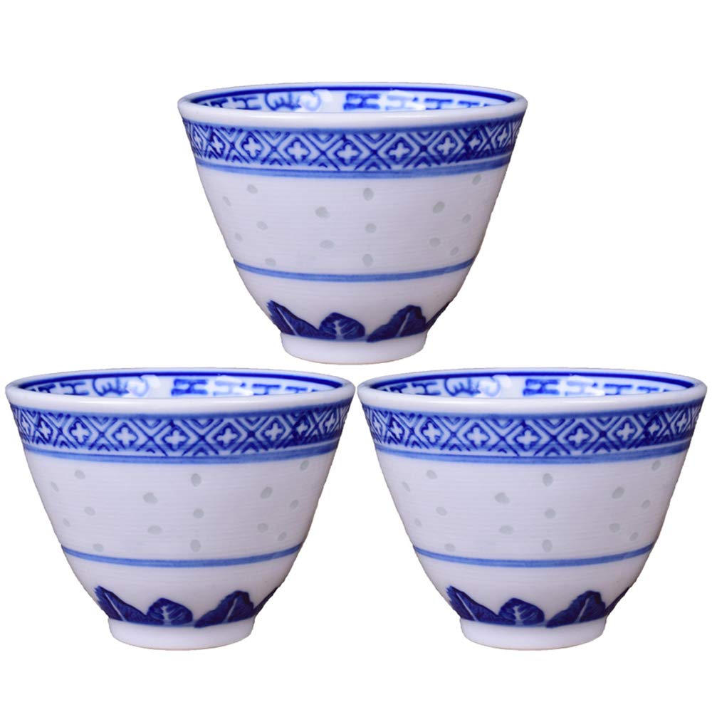 Woonsoon Chinese Handmade Kungfu Tea Cup 70 ml,Bone China Blue and White Tea Cups Set of 3,Ceramic Tea Mugs Without Handles,Best Gift