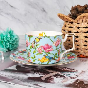 9 Ounces Teacup and Saucers Set Vintage Floral Tea Cups Set Bone China TeaCups Coffee Tea Cup for Tea Party Women Mom (blue)