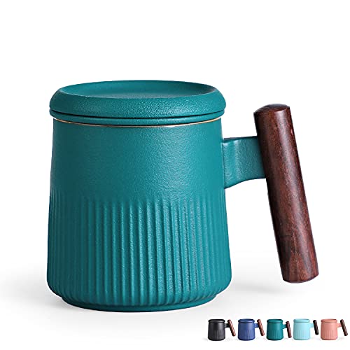 Taoci Tea Mug Ceramic Tea Cup Handle Wooden with Infuser and Lid 13.5 Ounce Porcelain Cup for Steeping Loose Leaf Tea (Green) (shuibei120121)