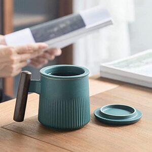 Taoci Tea Mug Ceramic Tea Cup Handle Wooden with Infuser and Lid 13.5 Ounce Porcelain Cup for Steeping Loose Leaf Tea (Green) (shuibei120121)