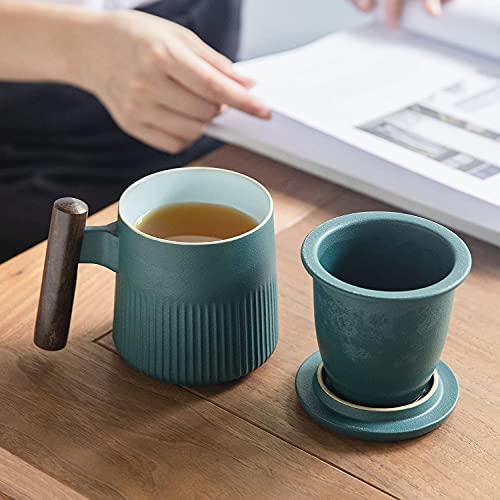 Taoci Tea Mug Ceramic Tea Cup Handle Wooden with Infuser and Lid 13.5 Ounce Porcelain Cup for Steeping Loose Leaf Tea (Green) (shuibei120121)