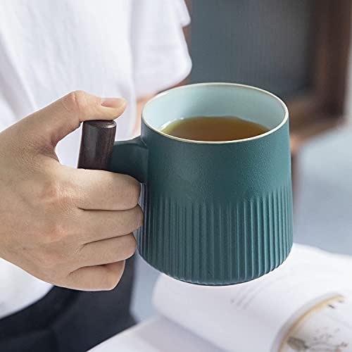 Taoci Tea Mug Ceramic Tea Cup Handle Wooden with Infuser and Lid 13.5 Ounce Porcelain Cup for Steeping Loose Leaf Tea (Green) (shuibei120121)