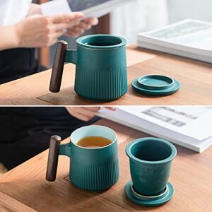 Taoci Tea Mug Ceramic Tea Cup Handle Wooden with Infuser and Lid 13.5 Ounce Porcelain Cup for Steeping Loose Leaf Tea (Green) (shuibei120121)