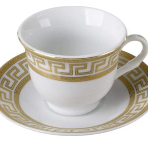 Euro Porcelain 12-Pc. 'Golden Greek Key' Tea Cup Coffee Set, Premium Bone China, 24K Gold-Plated, Complete Service for 6