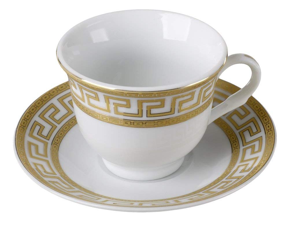 Euro Porcelain 12-Pc. 'Golden Greek Key' Tea Cup Coffee Set, Premium Bone China, 24K Gold-Plated, Complete Service for 6