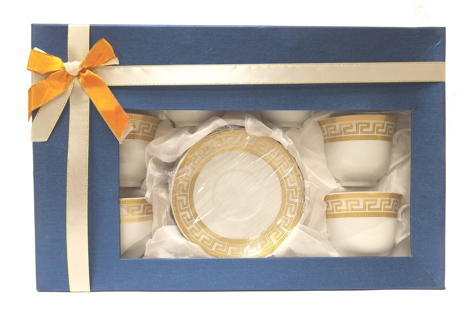 Euro Porcelain 12-Pc. 'Golden Greek Key' Tea Cup Coffee Set, Premium Bone China, 24K Gold-Plated, Complete Service for 6