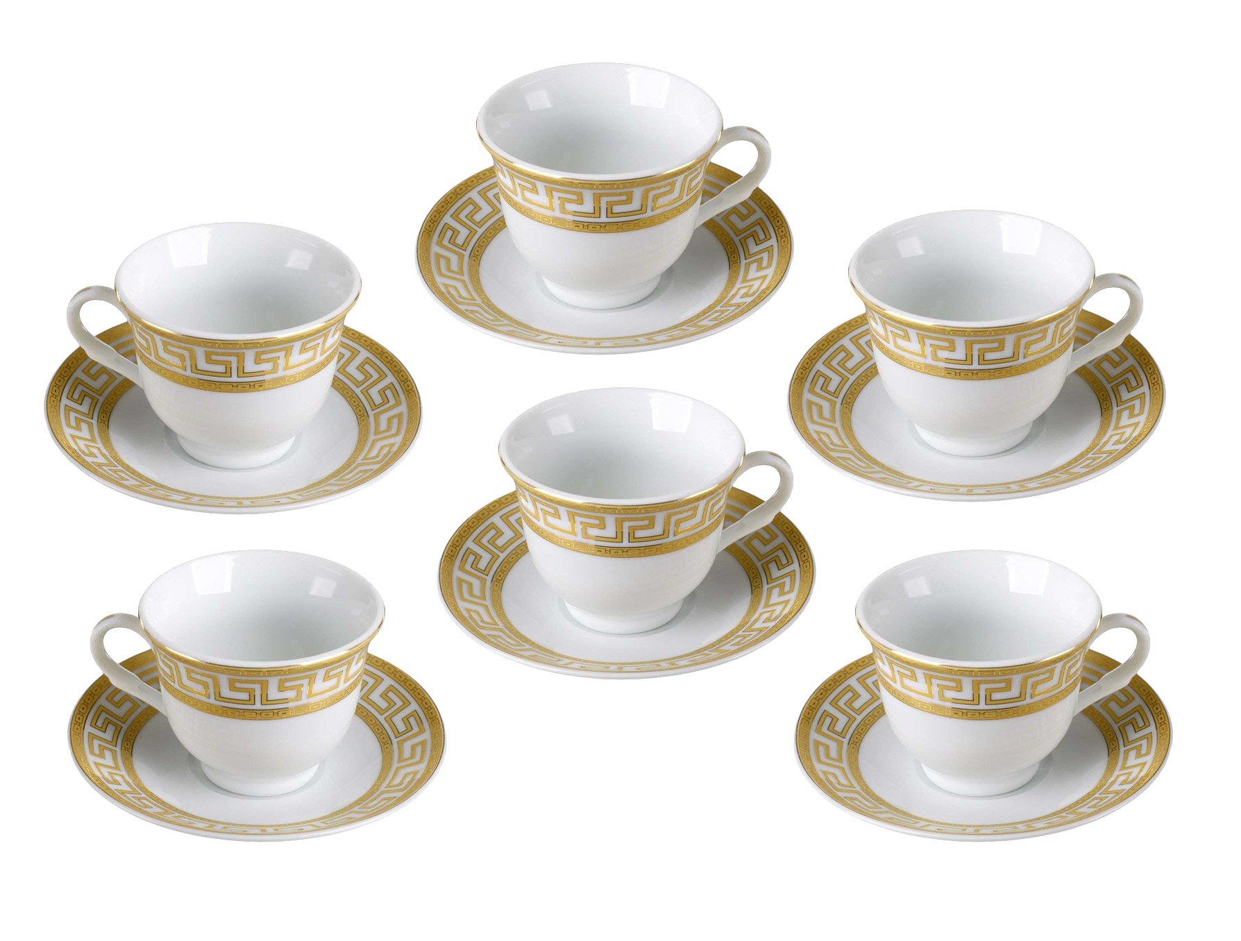 Euro Porcelain 12-Pc. 'Golden Greek Key' Tea Cup Coffee Set, Premium Bone China, 24K Gold-Plated, Complete Service for 6