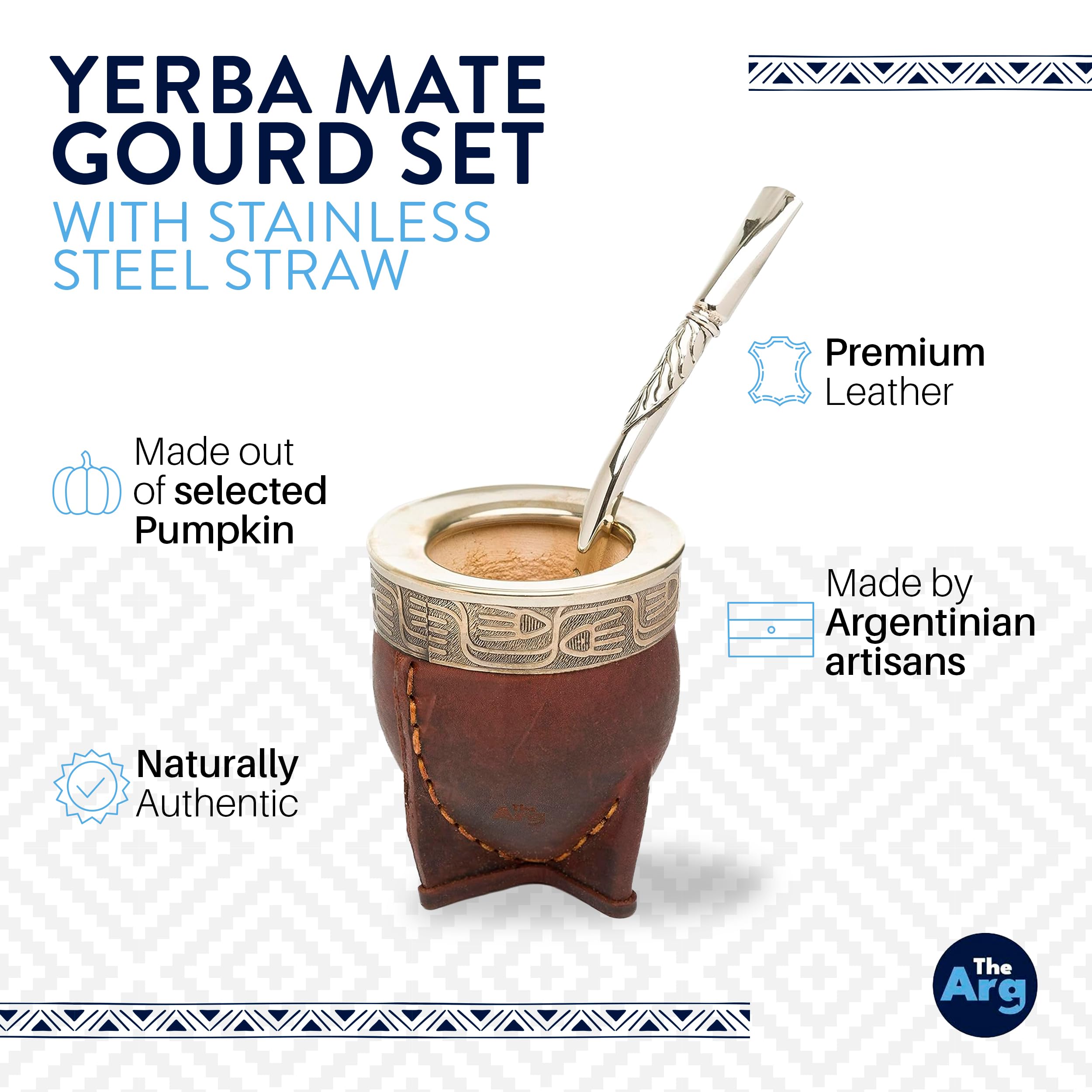 THEARG | Yerba Mate Gourd Set with Stainless Steel Straw | Handmade Leather Yerba Mate Cup and Bombilla Set from Argentina - Beach Essentials - Idea for Gifts | Travel Cup Mate - Taza para Mate