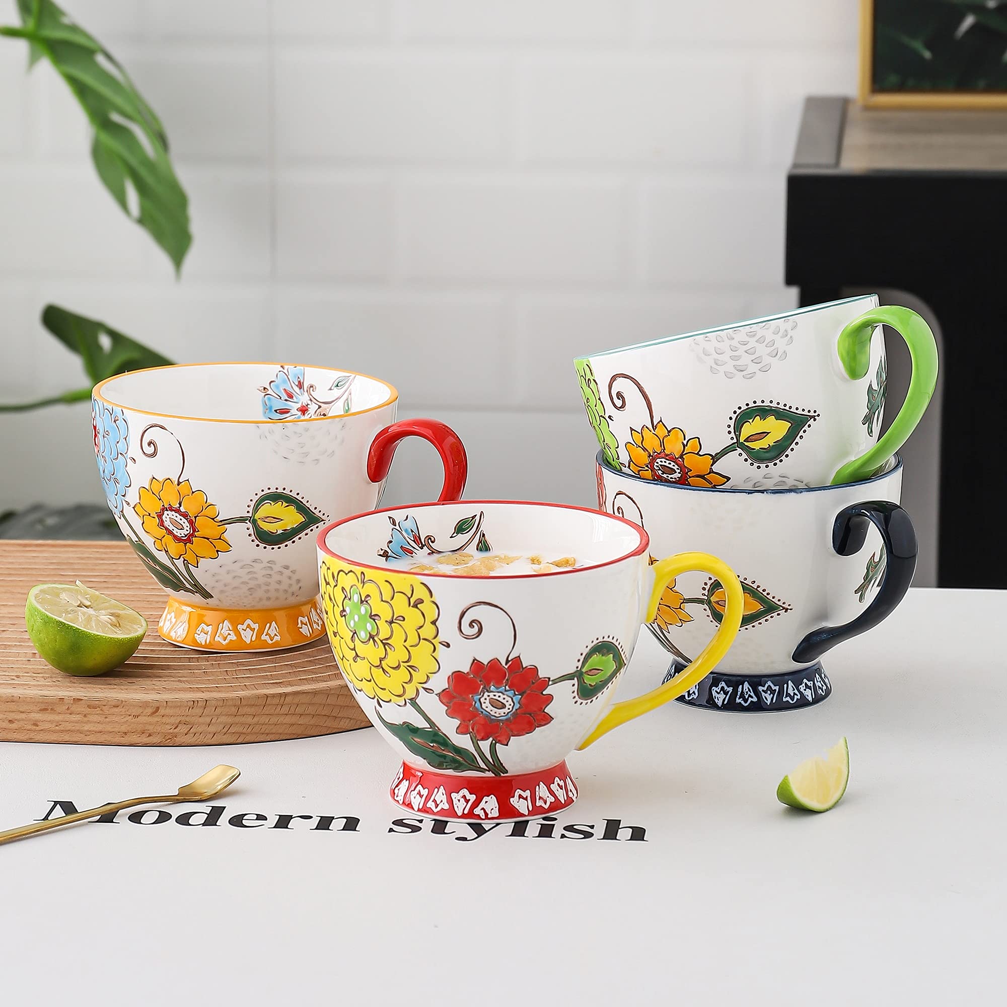 superyes Large Floral Ceramic Coffee Mug, Cute Daisy Cappuccino Latte Ceceal Cup (Red-Yellow-Green, 15 oz x 4 pcs)