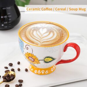 superyes Large Floral Ceramic Coffee Mug, Cute Daisy Cappuccino Latte Ceceal Cup (Red-Yellow-Green, 15 oz x 4 pcs)