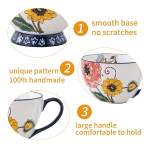 superyes Large Floral Ceramic Coffee Mug, Cute Daisy Cappuccino Latte Ceceal Cup (Red-Yellow-Green, 15 oz x 4 pcs)