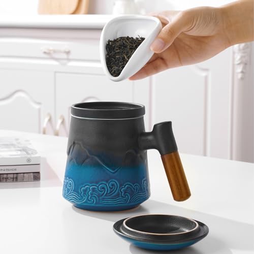 ZENS Tea Cup with Infuser and Lid, Gradient Embossed Ceramic Loose Leaf Mug, 15.2 Ounces Wood Handle Tea Steeper Mug for Gifts, Black&Blue