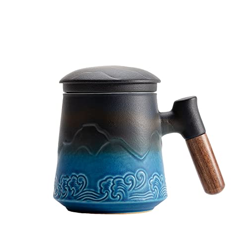 ZENS Tea Cup with Infuser and Lid, Gradient Embossed Ceramic Loose Leaf Mug, 15.2 Ounces Wood Handle Tea Steeper Mug for Gifts, Black&Blue