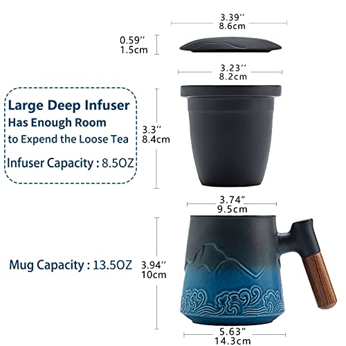 ZENS Tea Cup with Infuser and Lid, Gradient Embossed Ceramic Loose Leaf Mug, 15.2 Ounces Wood Handle Tea Steeper Mug for Gifts, Black&Blue