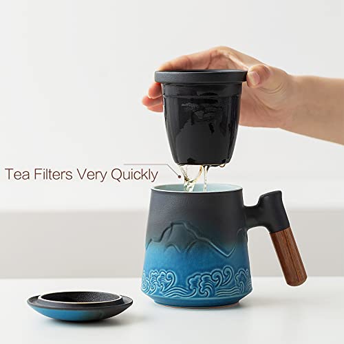 ZENS Tea Cup with Infuser and Lid, Gradient Embossed Ceramic Loose Leaf Mug, 15.2 Ounces Wood Handle Tea Steeper Mug for Gifts, Black&Blue