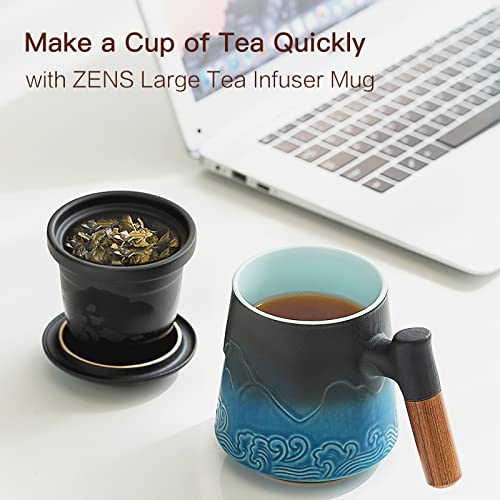 ZENS Tea Cup with Infuser and Lid, Gradient Embossed Ceramic Loose Leaf Mug, 15.2 Ounces Wood Handle Tea Steeper Mug for Gifts, Black&Blue