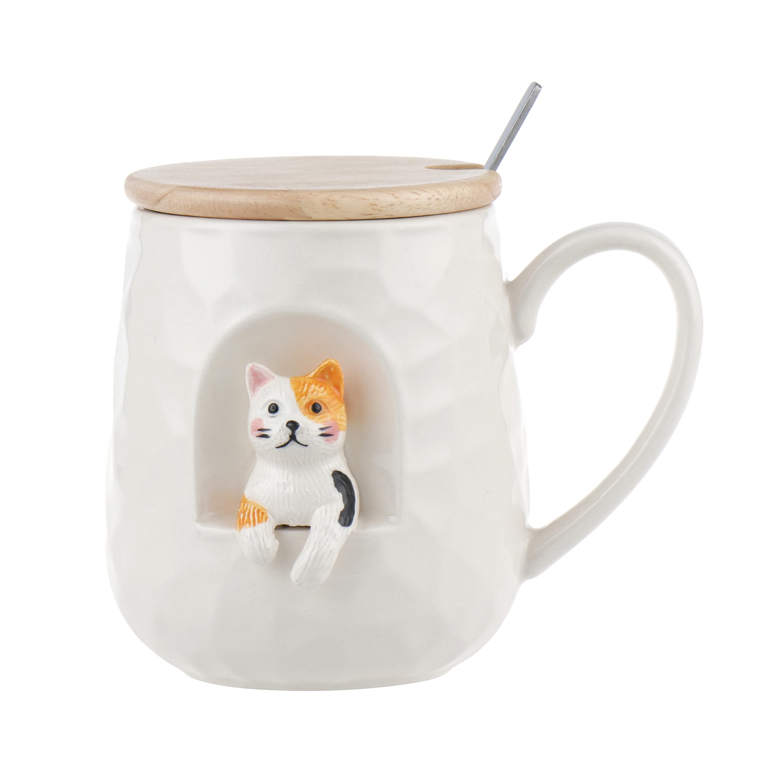 Mug Coffee Ceramic Cup Novel 3D Cat Pattern with Lid and Matching Spoon Cartoon Handmade Mug for Tea Milk Chocolate Juice Suitable for People Who Love Cats Small Animals (Cat side)