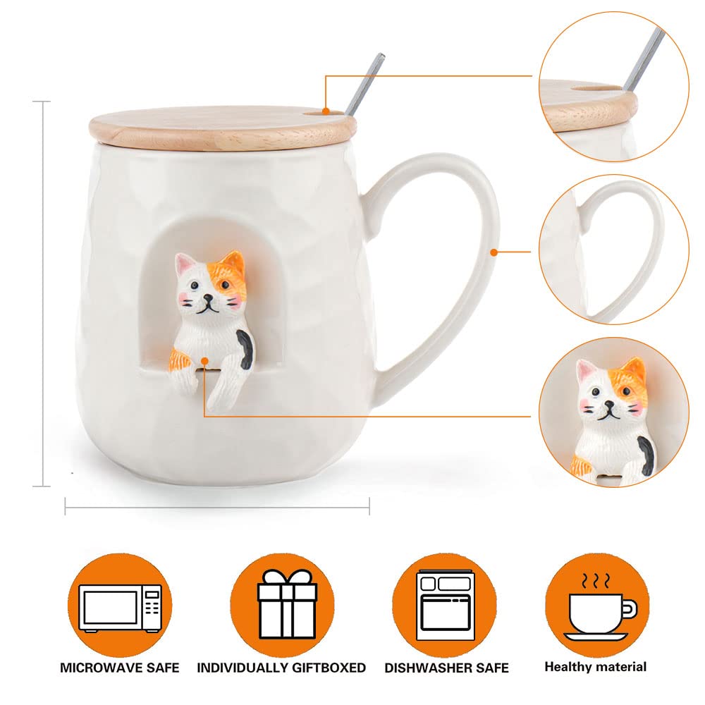 Mug Coffee Ceramic Cup Novel 3D Cat Pattern with Lid and Matching Spoon Cartoon Handmade Mug for Tea Milk Chocolate Juice Suitable for People Who Love Cats Small Animals (Cat side)