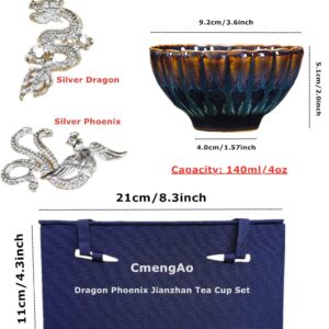 CmengAo Tenmokus Tea Cup Set, Handmade Jianzhan Tea Cup 3d Tenmoku Lotus Tea Cup, Beautiful Dragon Phoenix Tea Cup Set, Chinese Ceramic Kungfu Tea Cups Decorative Teacups