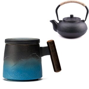 suyika ceramic tea cup with infuser and lid tea mugs wooden handle for steeping loose leaf tea 400ml, 13.5 oz, gradient navy blue & black