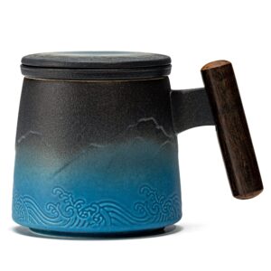 suyika Ceramic Tea Cup with Infuser and Lid Tea Mugs Wooden Handle for Steeping Loose Leaf Tea 400ml, 13.5 oz, Gradient Navy Blue & Black