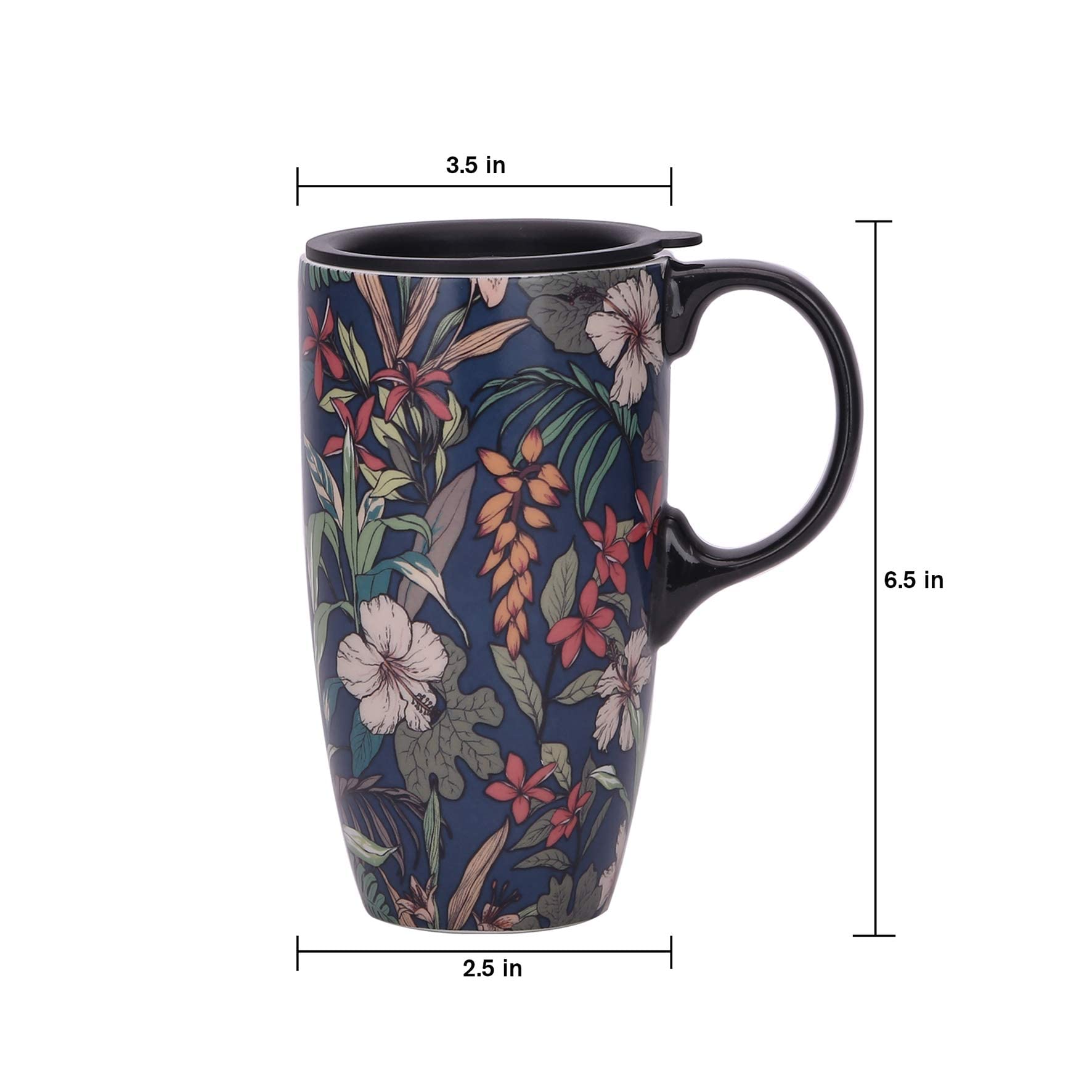 DUSVALLY Ceramic Coffee Mug Gift for Home & Office, 17oz. Porcelain Latte Travel Cup with Lid and Color Box, Blue Flower Art Tea Mug with Handle, 6.5" H