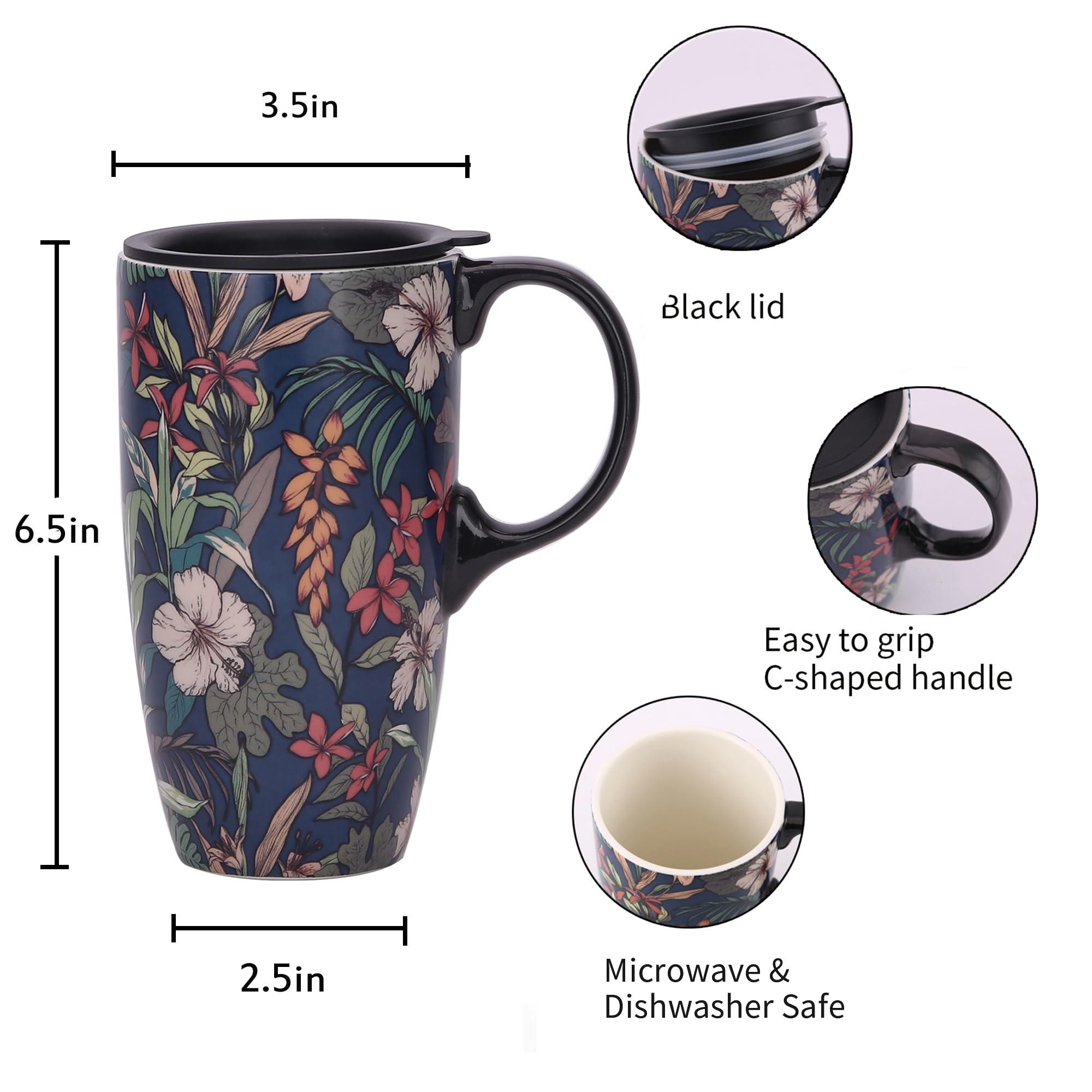 DUSVALLY Ceramic Coffee Mug Gift for Home & Office, 17oz. Porcelain Latte Travel Cup with Lid and Color Box, Blue Flower Art Tea Mug with Handle, 6.5" H