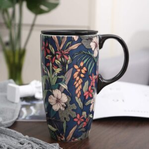 DUSVALLY Ceramic Coffee Mug Gift for Home & Office, 17oz. Porcelain Latte Travel Cup with Lid and Color Box, Blue Flower Art Tea Mug with Handle, 6.5" H