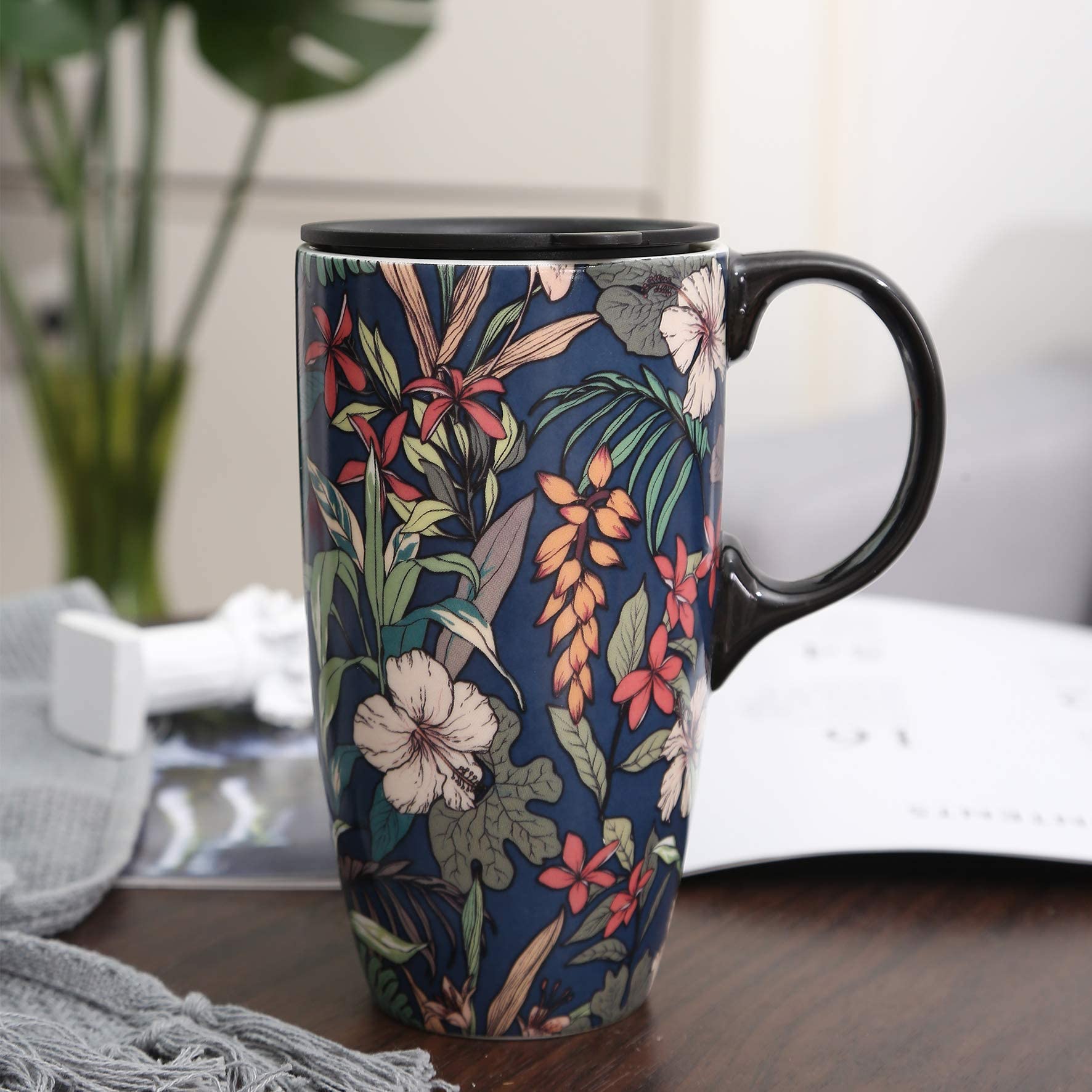 DUSVALLY Ceramic Coffee Mug Gift for Home & Office, 17oz. Porcelain Latte Travel Cup with Lid and Color Box, Blue Flower Art Tea Mug with Handle, 6.5" H