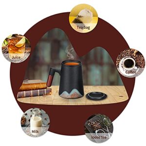 ENJOHOS Wooden handle Tea Mug Japanese Style Large Ceramic Tea Cup with Infuser and Lid, Fine Porcelain Infuser Mug for Work Life Gift (14 oz, Matte Black)