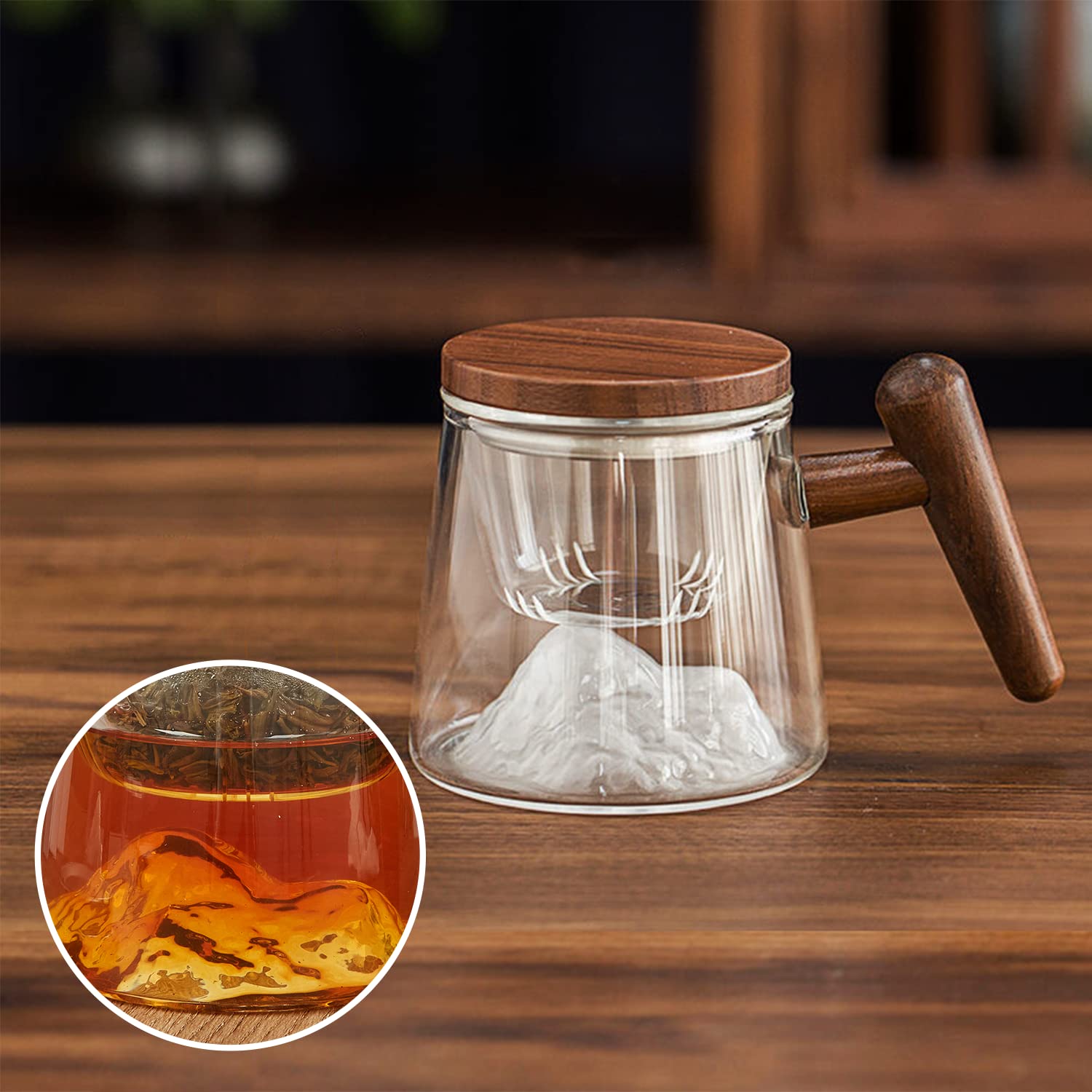 MAGIKEY Glass TeaCup with Infuser and Lid 16.5oz/480ml Thickened Borosilicate Glass Tea Cups with Walnut Handle and Lid Heatproof and Insulated WITHOUT Coaster(Alaska Jokul)