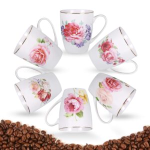 Asmwo Porcelain Floral Tea Cup Set Rose Peony Cups Coffee mugs for Women Latte Cups Set of 6