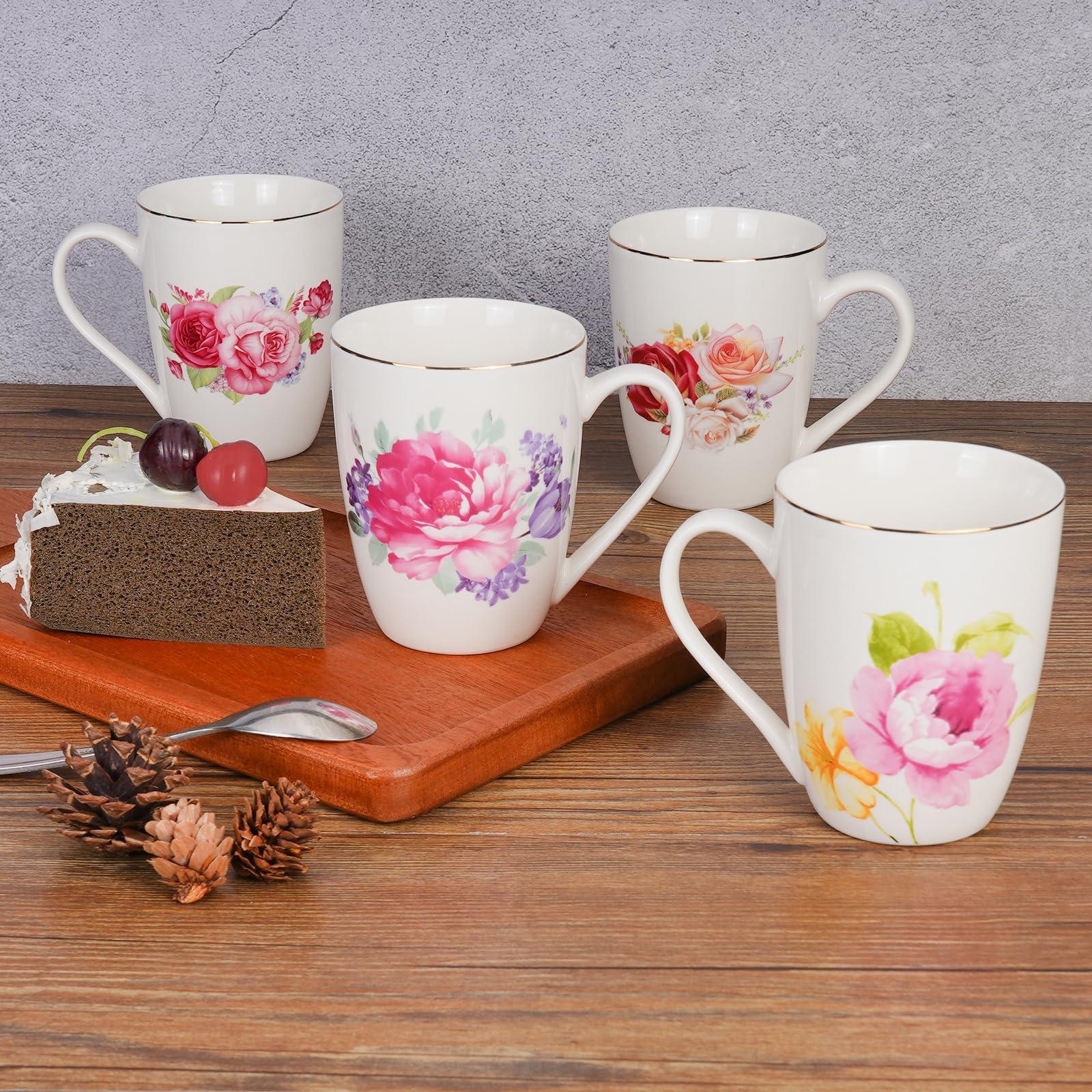 Asmwo Porcelain Floral Tea Cup Set Rose Peony Cups Coffee mugs for Women Latte Cups Set of 6