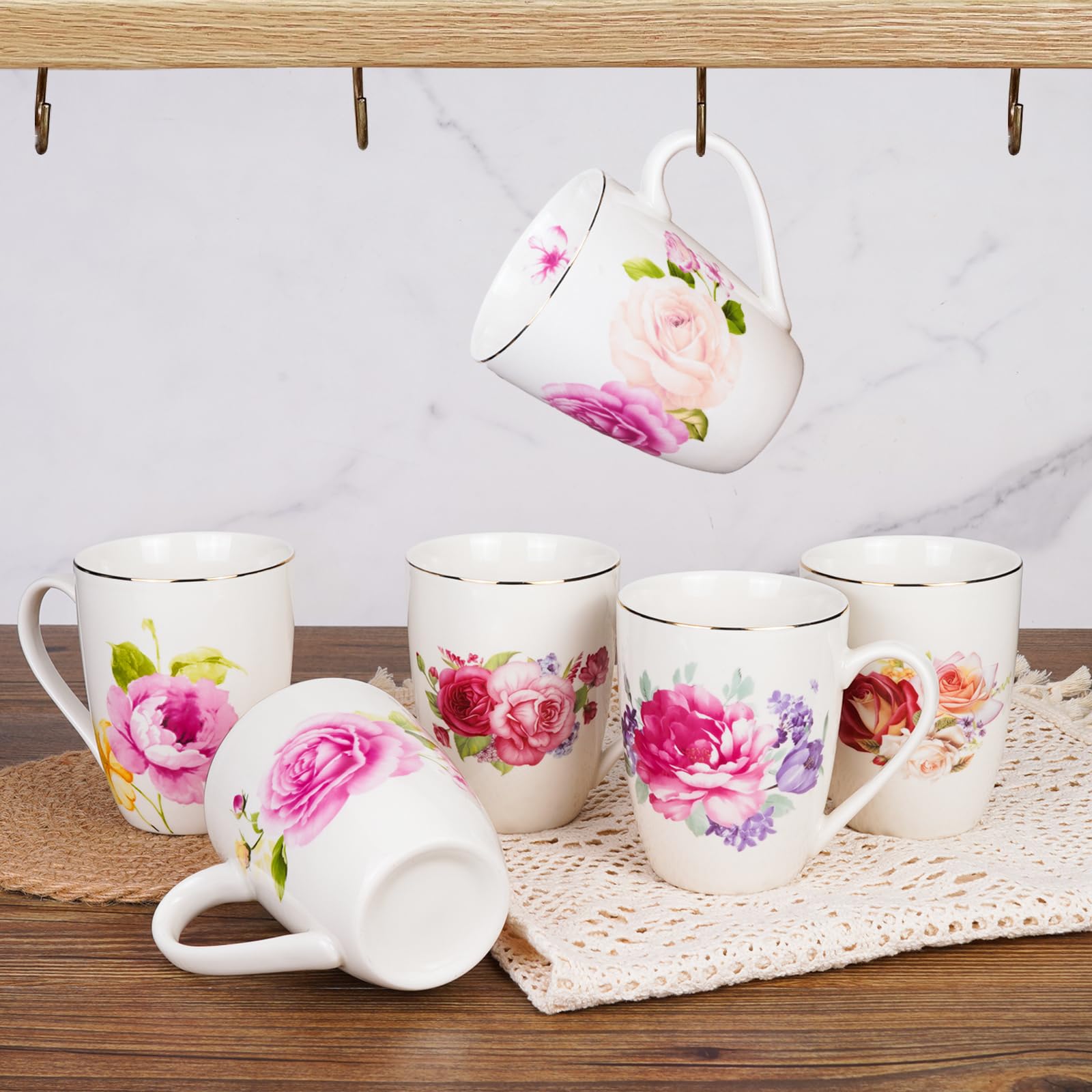 Asmwo Porcelain Floral Tea Cup Set Rose Peony Cups Coffee mugs for Women Latte Cups Set of 6