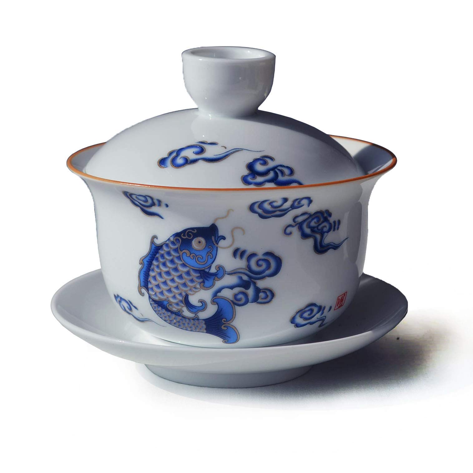 vv8oo Porcelain Gaiwan 7oz Teaup Jumping Fish White Glazed Tureen Chinese Sancai Cover Bowl Lip Cup Saucer Set