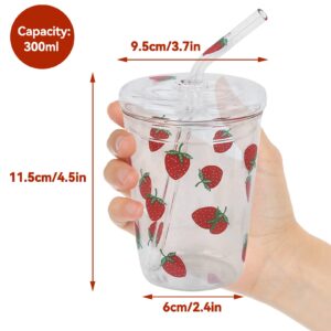 Agatige 300ml Glass Water Cup with Straw and Lid, Cute Strawberry Mug Glass Milk Bottle Water Juice Smoothie Drinking Cup for Home Office School