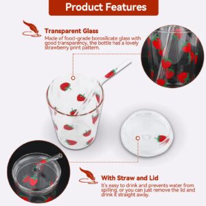 Agatige 300ml Glass Water Cup with Straw and Lid, Cute Strawberry Mug Glass Milk Bottle Water Juice Smoothie Drinking Cup for Home Office School