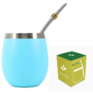 Novomates Yerba Mate Kit Including Double Wall Stainless Steel Mate Tea Cup and Mate Straw – Yerba Mate Cup and Bombilla Mate - Yerba Mate Gourd - Bombilla Mate and Mate Tea Cup 8oz (237ml) (Teal)