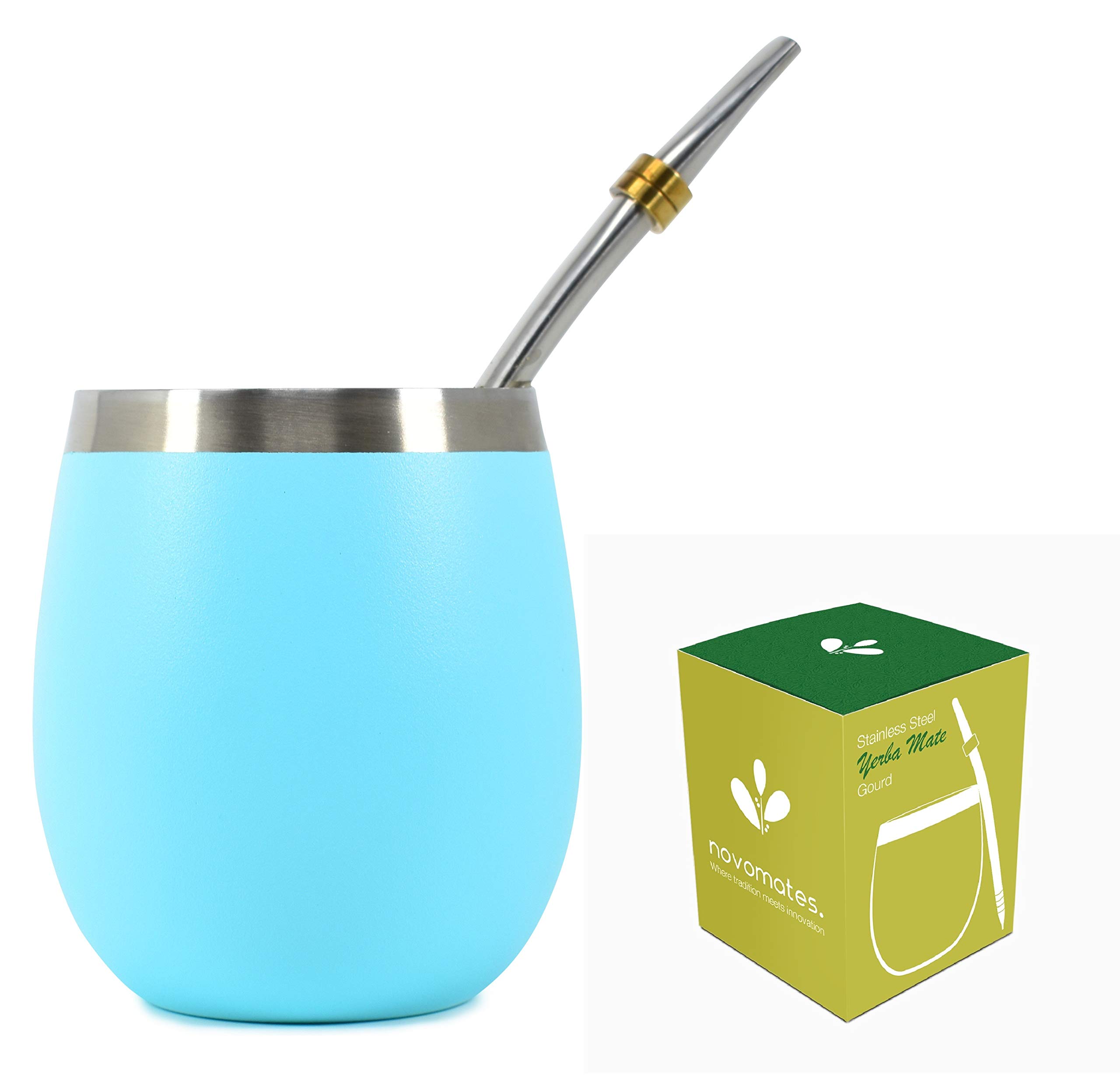 Novomates Yerba Mate Kit Including Double Wall Stainless Steel Mate Tea Cup and Mate Straw – Yerba Mate Cup and Bombilla Mate - Yerba Mate Gourd - Bombilla Mate and Mate Tea Cup 8oz (237ml) (Teal)