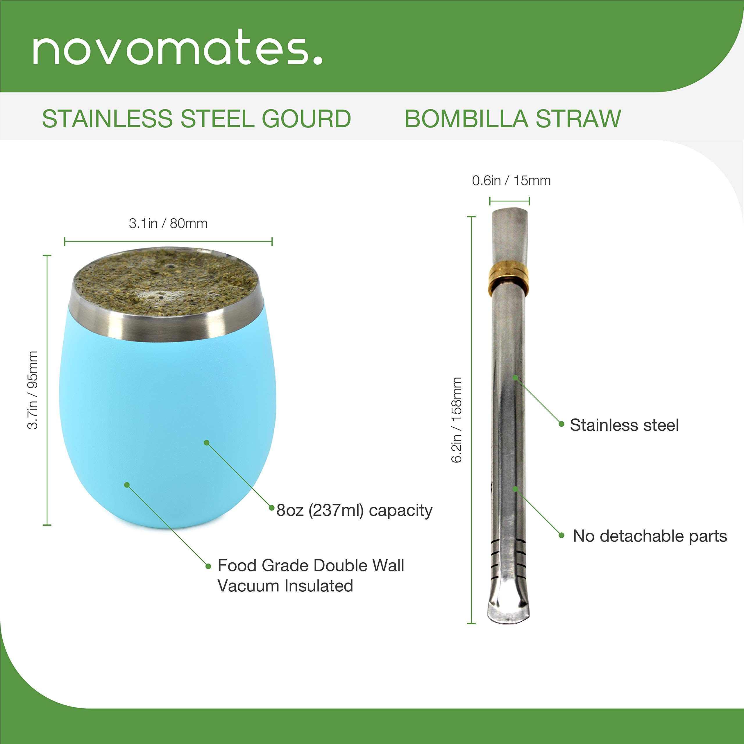 Novomates Yerba Mate Kit Including Double Wall Stainless Steel Mate Tea Cup and Mate Straw – Yerba Mate Cup and Bombilla Mate - Yerba Mate Gourd - Bombilla Mate and Mate Tea Cup 8oz (237ml) (Teal)