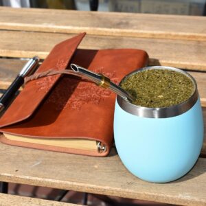 Novomates Yerba Mate Kit Including Double Wall Stainless Steel Mate Tea Cup and Mate Straw – Yerba Mate Cup and Bombilla Mate - Yerba Mate Gourd - Bombilla Mate and Mate Tea Cup 8oz (237ml) (Teal)