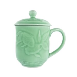 handmade celadon coffee mug tea cup with lid 13oz porcelain milk cup embossed with goldfish ceramic microwave and dishwasher safe (green)