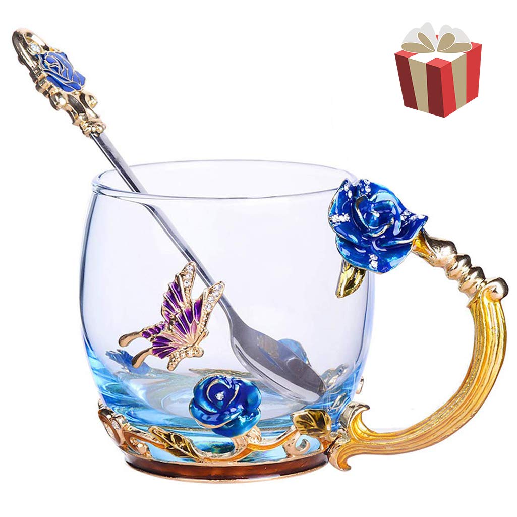 Flower Glass Tea Cups with Spoon Glass Coffee Mugs Enamel Handmade Unique Butterfly Rose for Women Valentine's Day Birthday Christmas New Year Decoration Wedding Gift (Rose-Blue-Short)