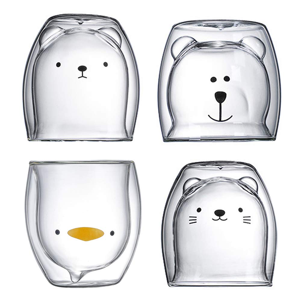 æ— 4 Pack Cute Animals Mugs, Double Wall Insulated Glass Espresso Cup, Tea Cup Milk Cup Coffee Couple Glass Mugs Funny Valentines Day Creative Romantic Birthday Gifts