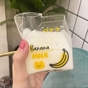 380ml Kawaii Milk Glass Cup Creative Square Clear Milk Carton Water Bottle Wholesale Cute Fruit Heat Resistant Breakfast Cups (Banana, 300-400ml)