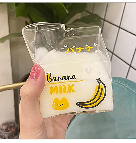 380ml Kawaii Milk Glass Cup Creative Square Clear Milk Carton Water Bottle Wholesale Cute Fruit Heat Resistant Breakfast Cups (Banana, 300-400ml)