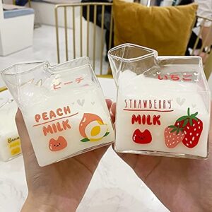 380ml Kawaii Milk Glass Cup Creative Square Clear Milk Carton Water Bottle Wholesale Cute Fruit Heat Resistant Breakfast Cups (Banana, 300-400ml)