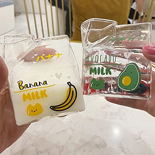 380ml Kawaii Milk Glass Cup Creative Square Clear Milk Carton Water Bottle Wholesale Cute Fruit Heat Resistant Breakfast Cups (Banana, 300-400ml)